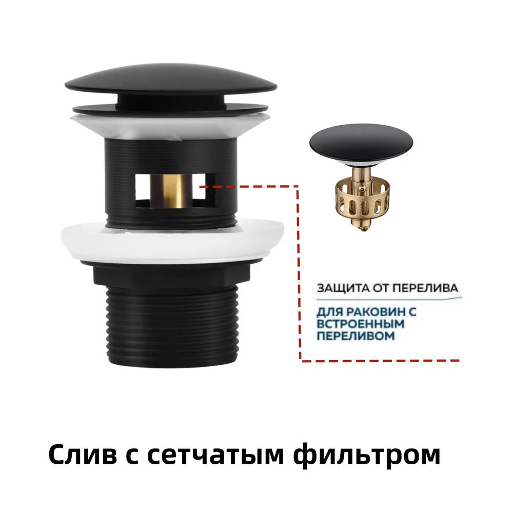 Выпуск для раковины универсальный Донный клапан с переливом Robern, высококачественная латунь, сеткой быстрой очисткой, Матовый черный