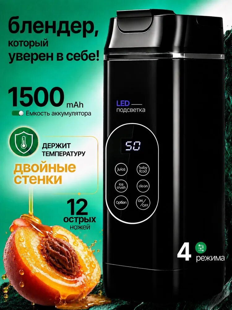 Портативный блендер для смузи и коктейлей мощный RTV HS880, 1500 mAh, 12 лезвий, квадратный дизайн