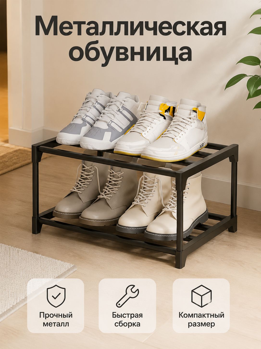 Металлическая обувница напольная, 2 яруса, цвет черный, ширина 45 см компактная полка для обуви в прихожую