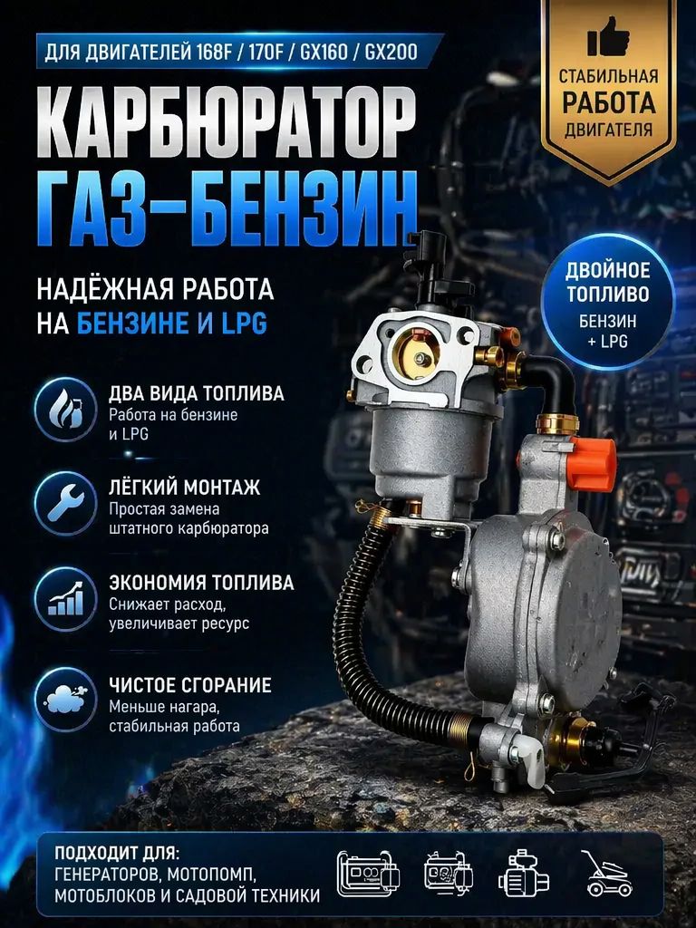 Карбюратор газ-бензин для двигателей 168F/170F (GX160/GX200); двухтопливный, для генераторов, мотоблоков и мотопомп 1.5-3.5 кВт, экономия топлива.