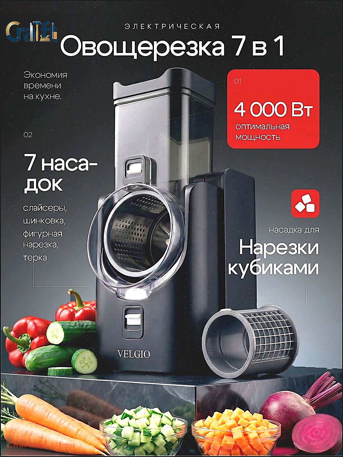 Овощерезка электрическая кубиками с насадками 7 в 1, терка для овощей электрическая-1