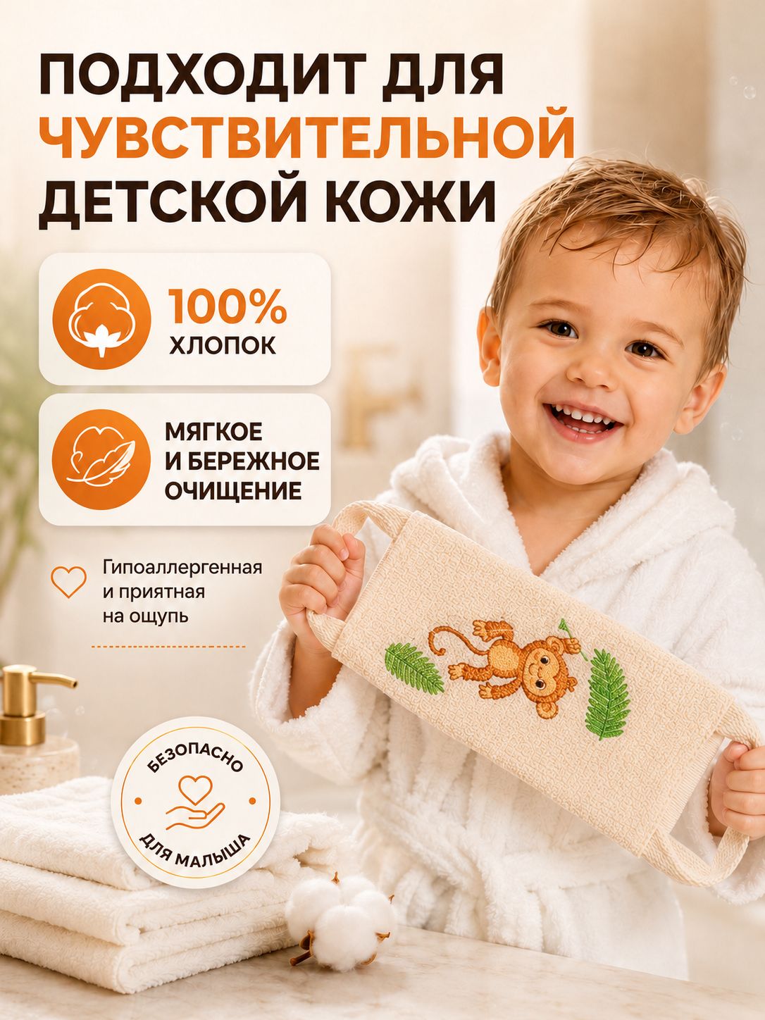 Детская мочалка Vival из 100% хлопка мягкая, гипоаллергенная, с массажным эффектом