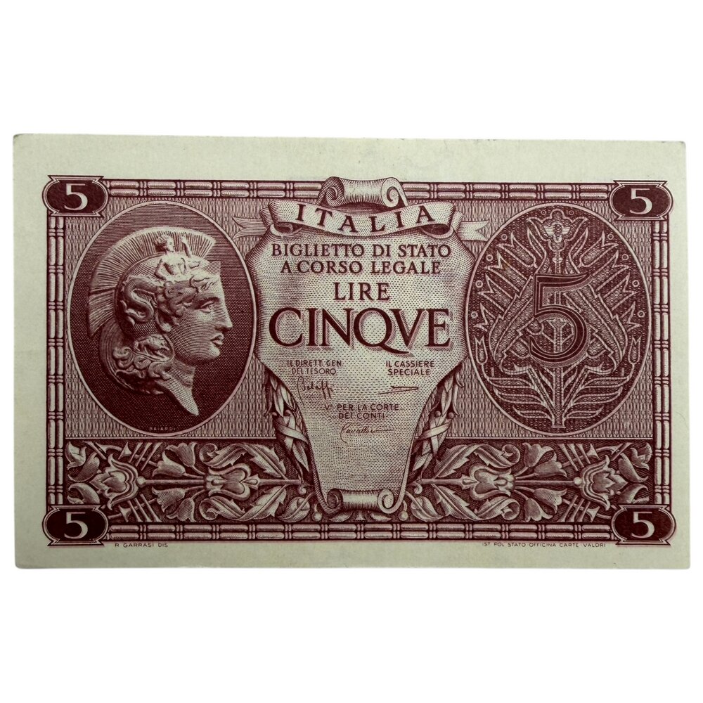 Италия 5 лир 1944 г. (Подпись Bolaffi, Cavallaro, Giovinco) (Серия 0728)