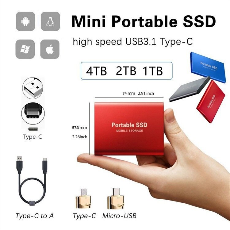500GB USB 3.1 Type-C SSD портативный внешний твердотельный накопитель, серебристый