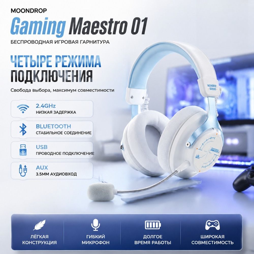 MOONDROP GM01 Наушники Игровые Разъем Type-C Два Интерфейса: 2,4 ГГц / Bluetooth / USB / AUX Съемный Микрофон