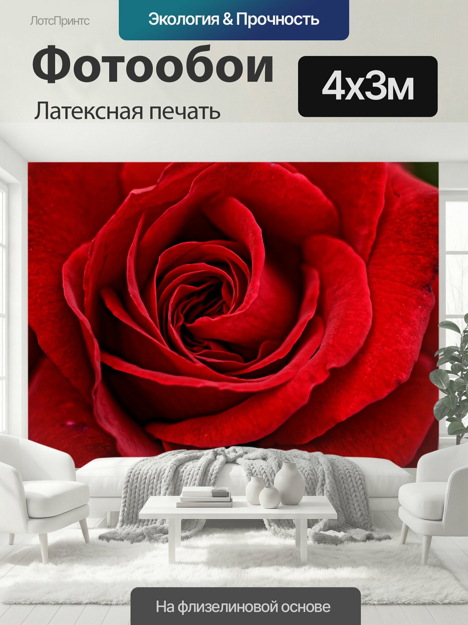 Фотообои моющиеся ударопрочные "Красный, роза, цветок" 400x300 см. латексная печать