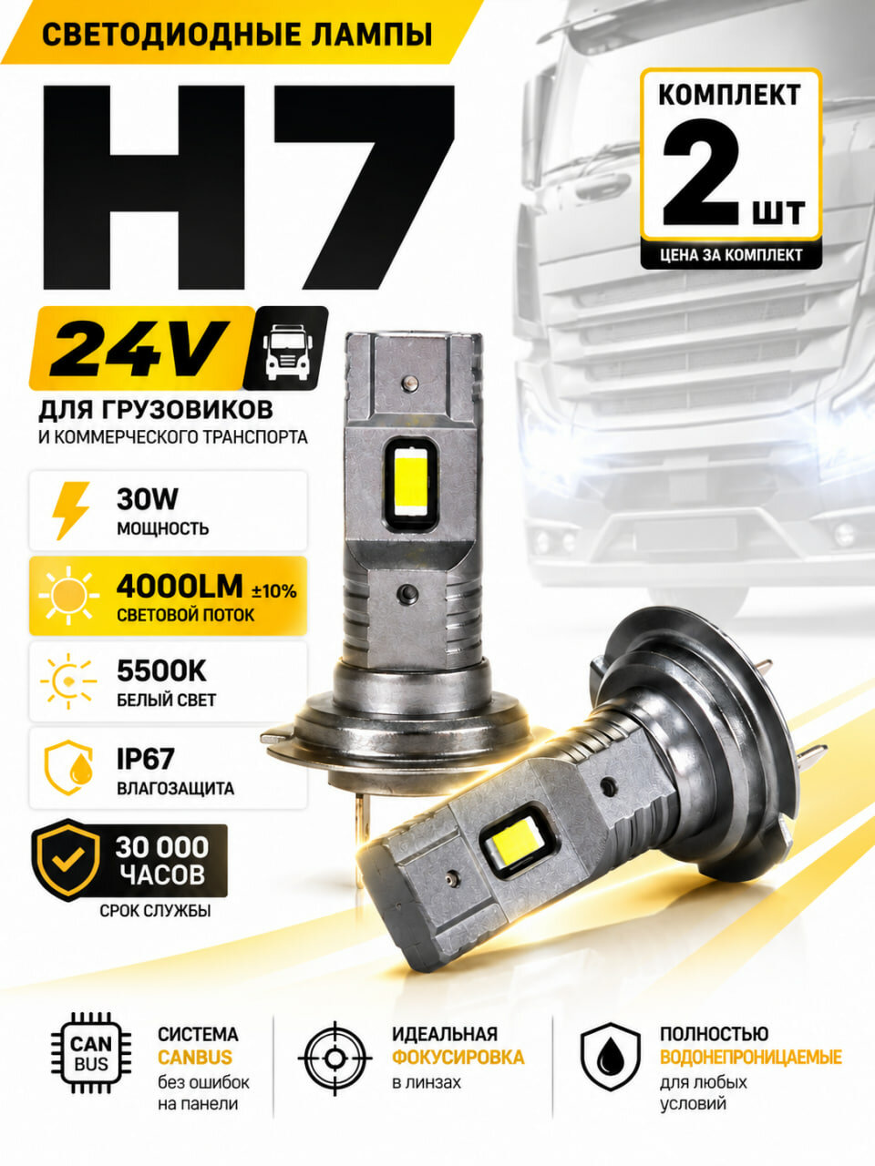 Светодиодные лампа 24V для H7 для Renault Premium 2007-2013 / Светодиодные лампы для Рено Премиум