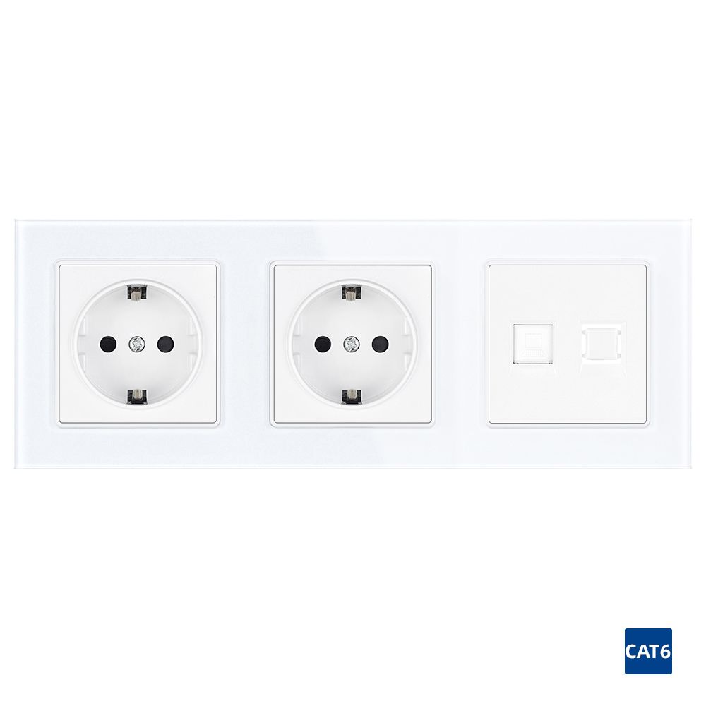 Розетка с заземлением 220В +розетка компьютерная rj45, 3 поста рамка закаленное стекло Белая
