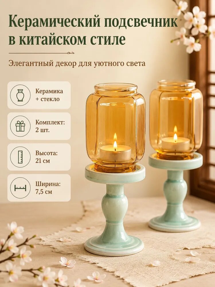 Подсвечник керамический с стеклянным плафоном, светло-зеленый, 2 шт, китайский стиль