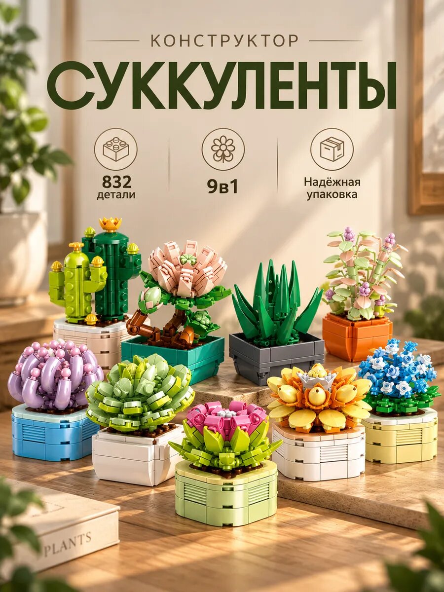 Конструктор цветы "Суккуленты" 913 дет