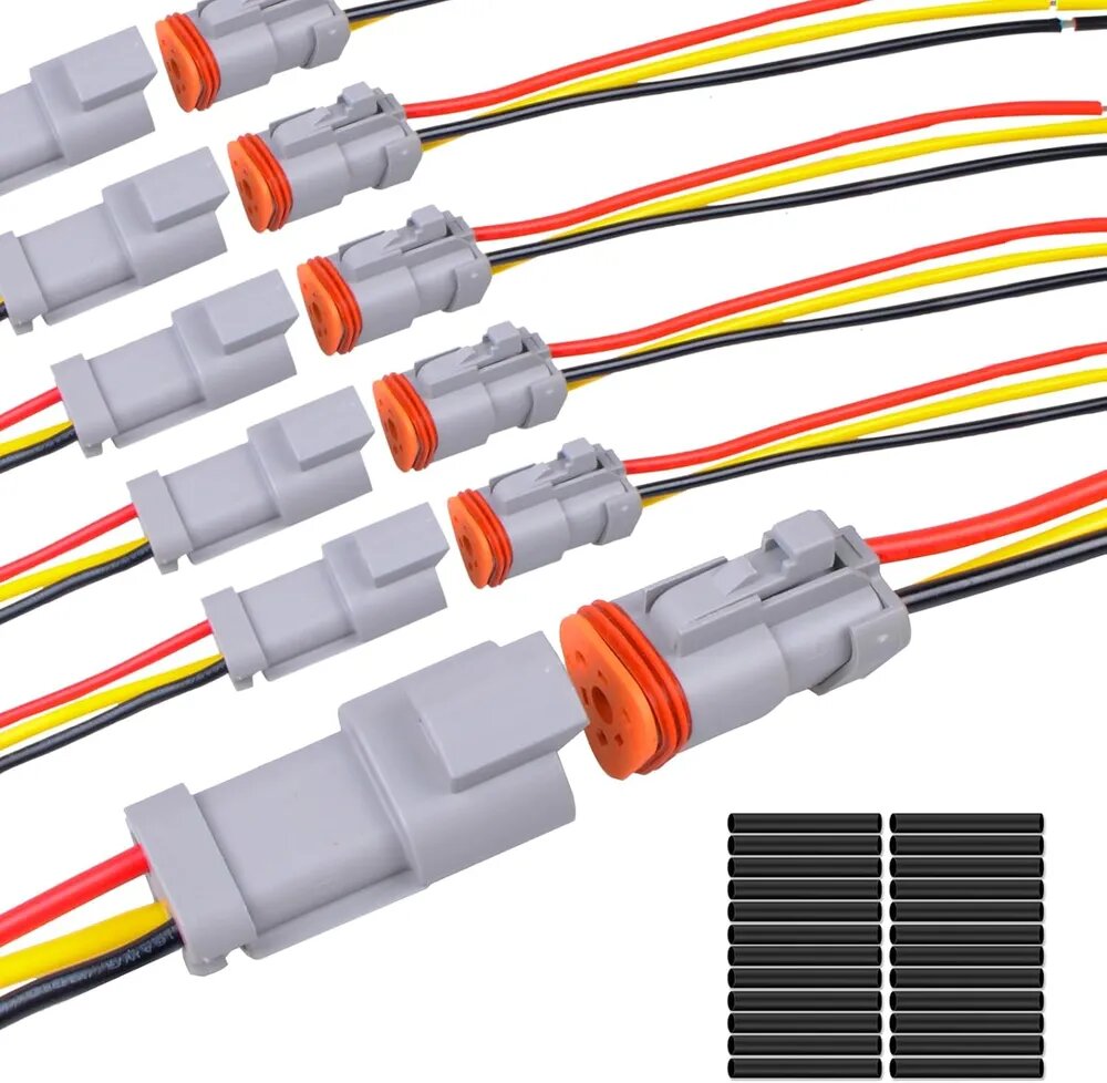 6 шт, 3-Pin Водонепроницаемый разъем DT (мужской и женский) с проводами 16AWG 105 600V и термоусадочными трубками, для автомобильных электрических соединений