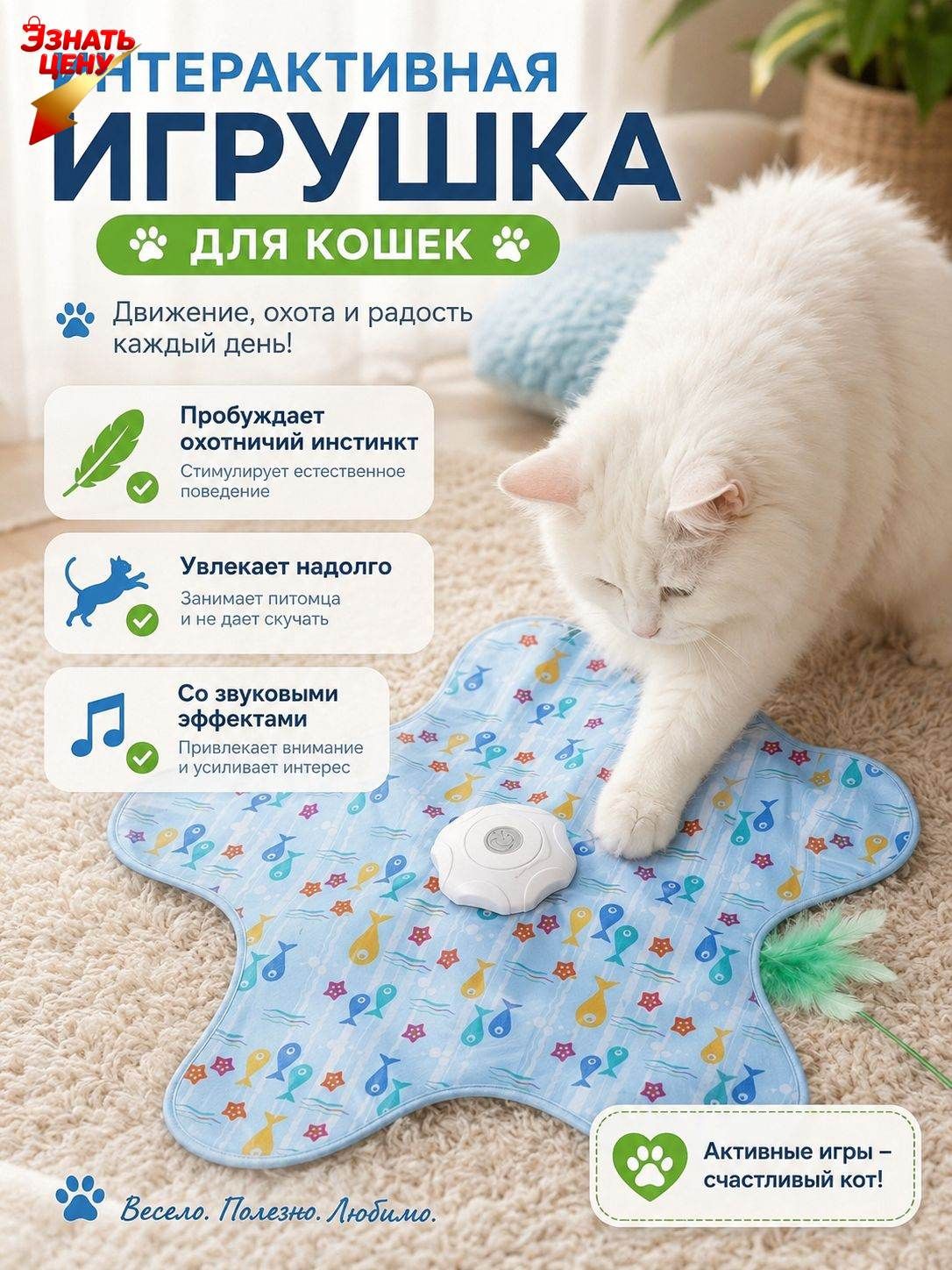 Интерактивная игрушка для кошек "Прятки" модель HOA8138, Пластиковый домик с звуком, Размер 15x13x8 см, Синий цвет