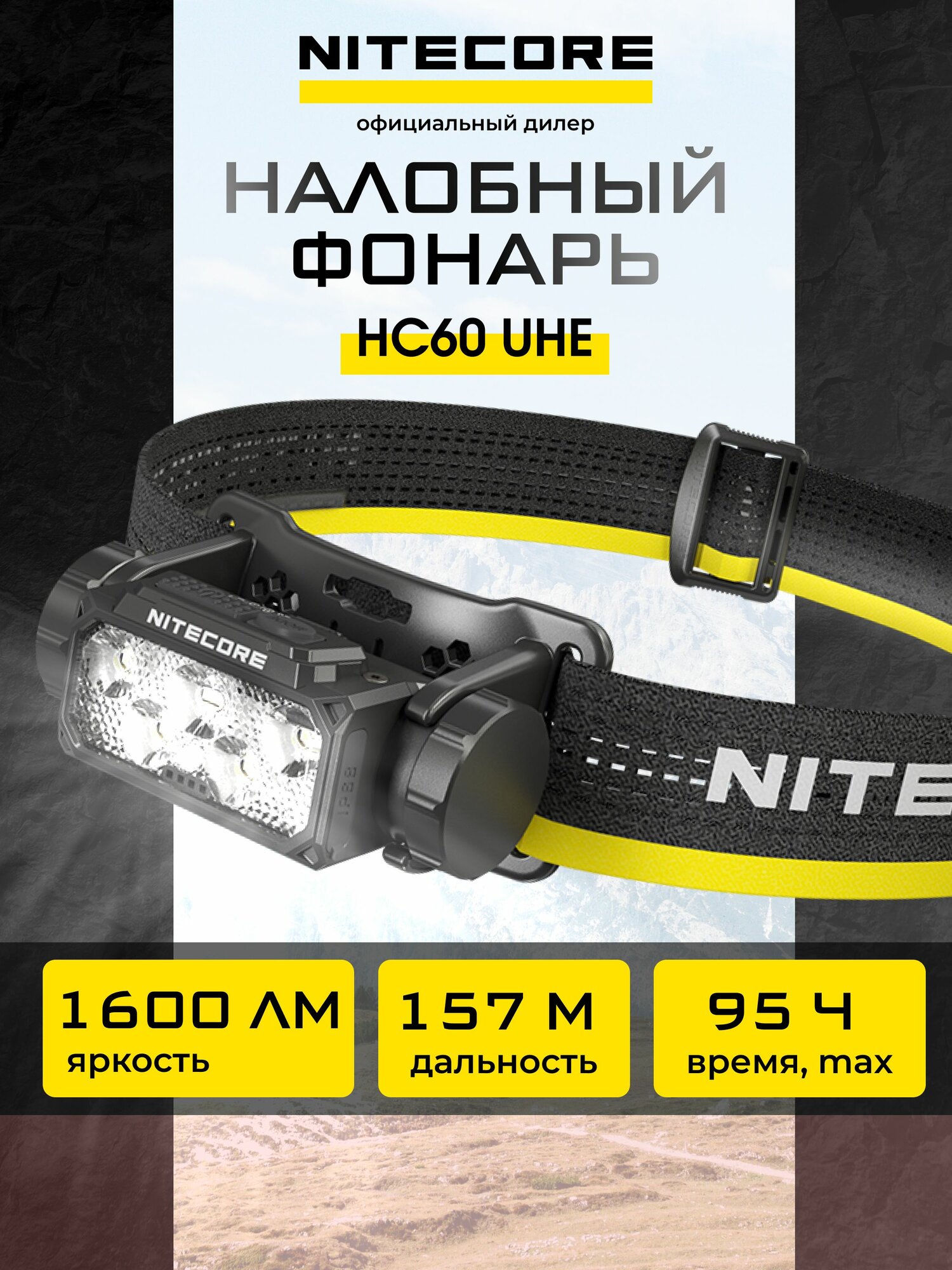 0584 Налобный фонарь аккумуляторный NITECORE HC60 UHE 1600 люмен, мощный налобный фонарик 18650 USB-C IP68