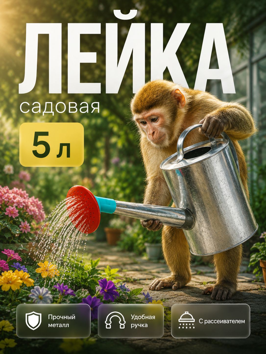 Лейка садовая оцинкованная 5 л с рассеивателем, металлическая лейка для полива цветов, рассады, теплицы и огорода
