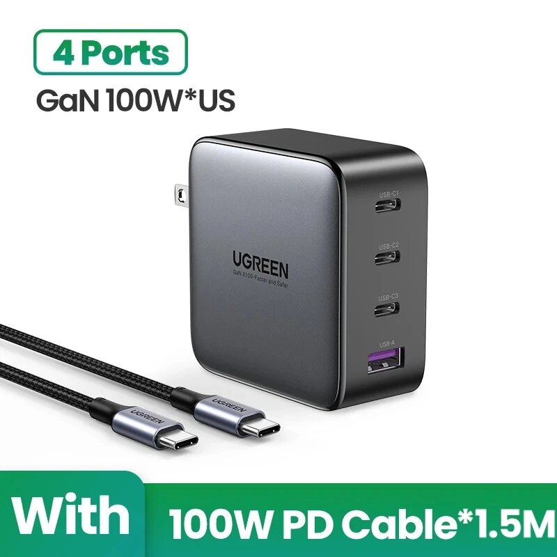 UGREEN 100W GaN зарядное устройство 4 Ports с кабелем 1.5M