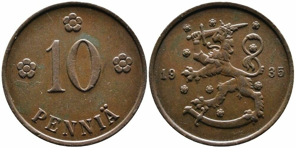 Финляндия 10 пенни, 1919 - 1940 Лев XF