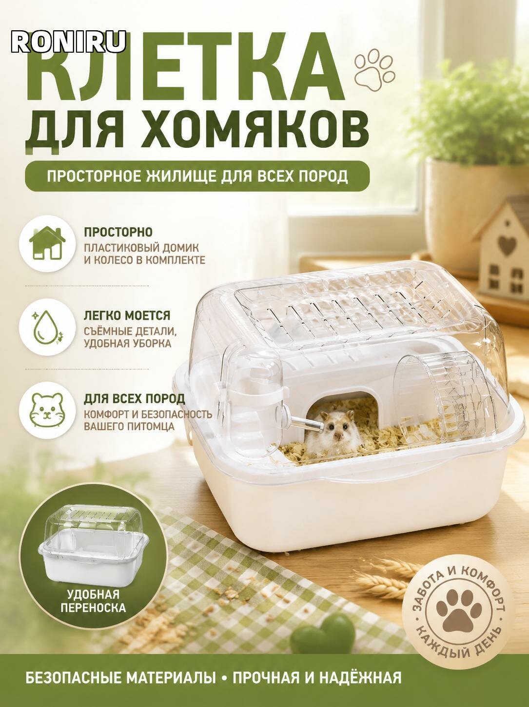 Клетка для хомяков квадратная с пластиковым домиком и переноской — просторное жилище, легко моется, для всех пород