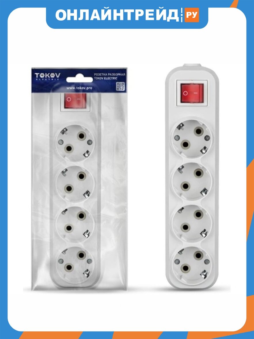 Колодка удлинителя Tokov Electric 4-м 16А с заземл. с выкл. АБС-пластик бел, TKE-C01-KU4-ZV