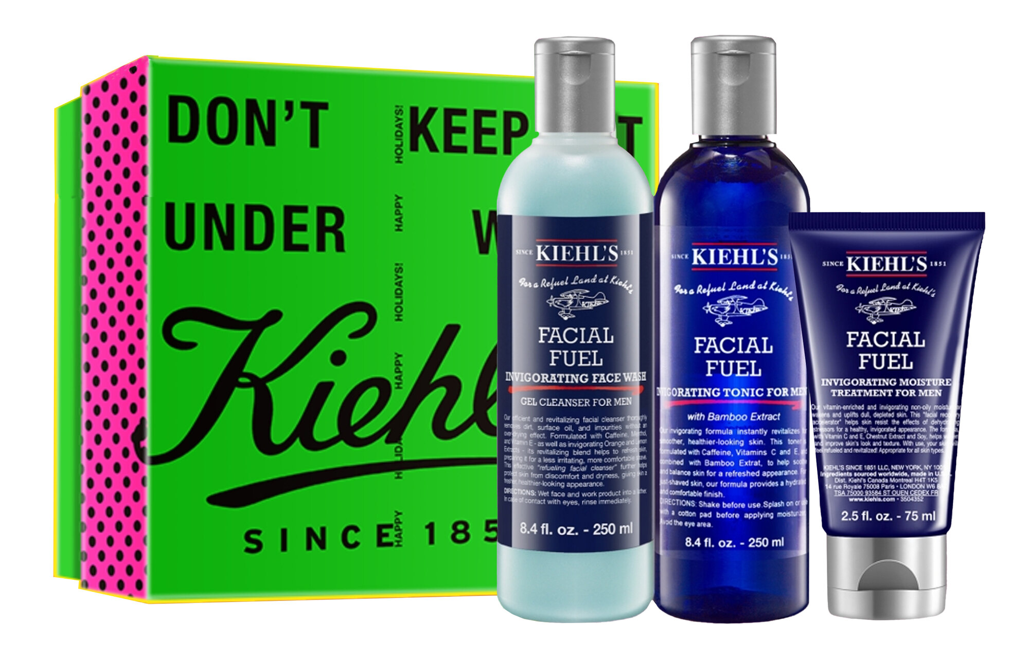 Набор для мужчин Kiehl's Revitalize, Men's Active Cleanser Gel 250ml+Men's Active Toner 250ml+Men's Hydrating Lotion 75ml+Box