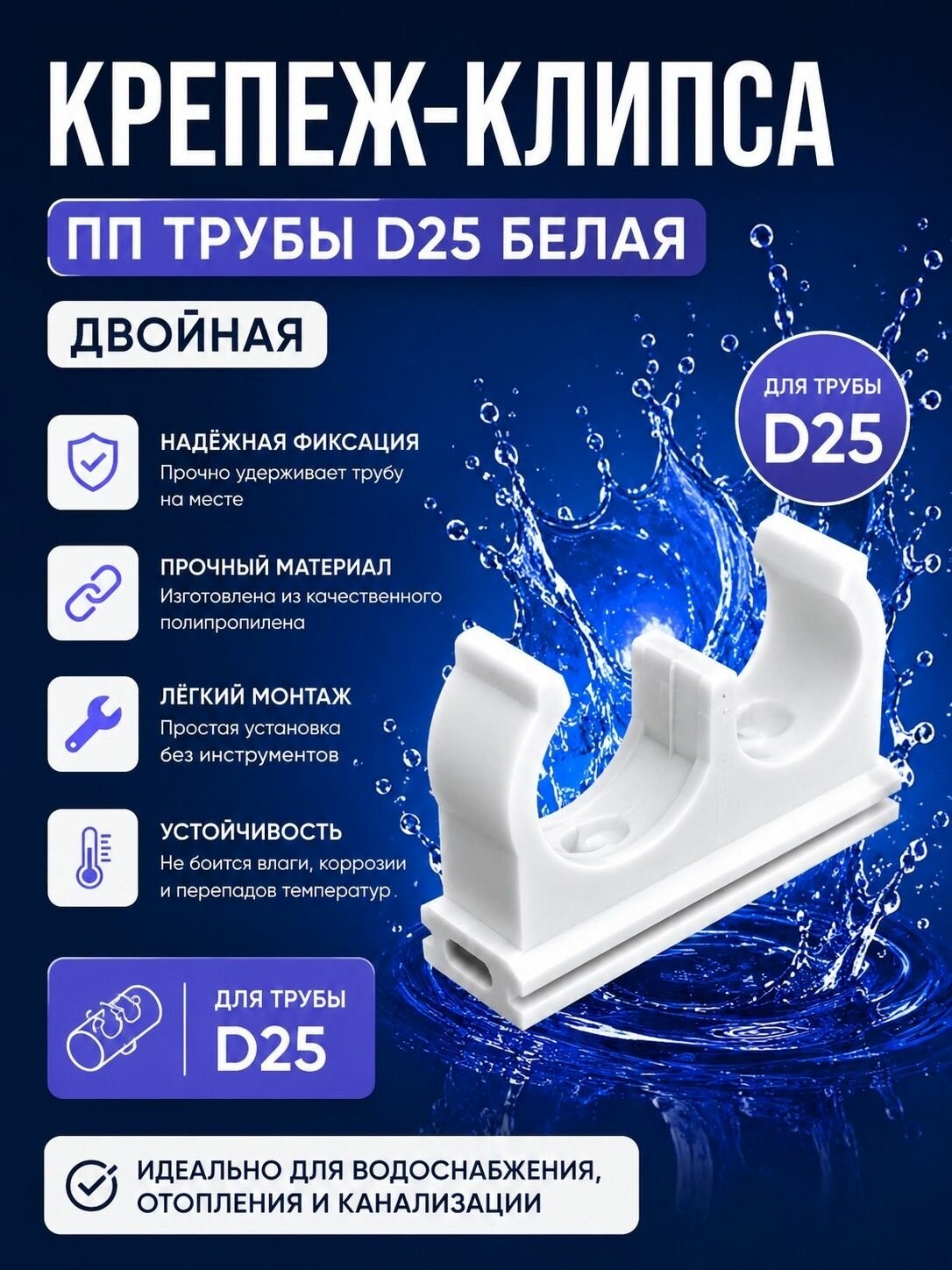 Крепеж-клипса ПП трубы D25 Белый, двойной / Гидропласт
