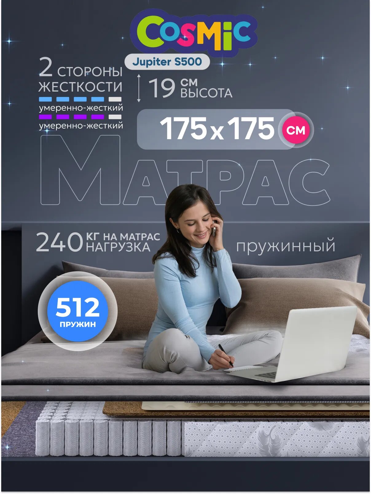 Матрас Cosmic Jupiter 175x175 см, пружинный, 2 степени жёсткости, высота 20 см, анатомическая поддержка
