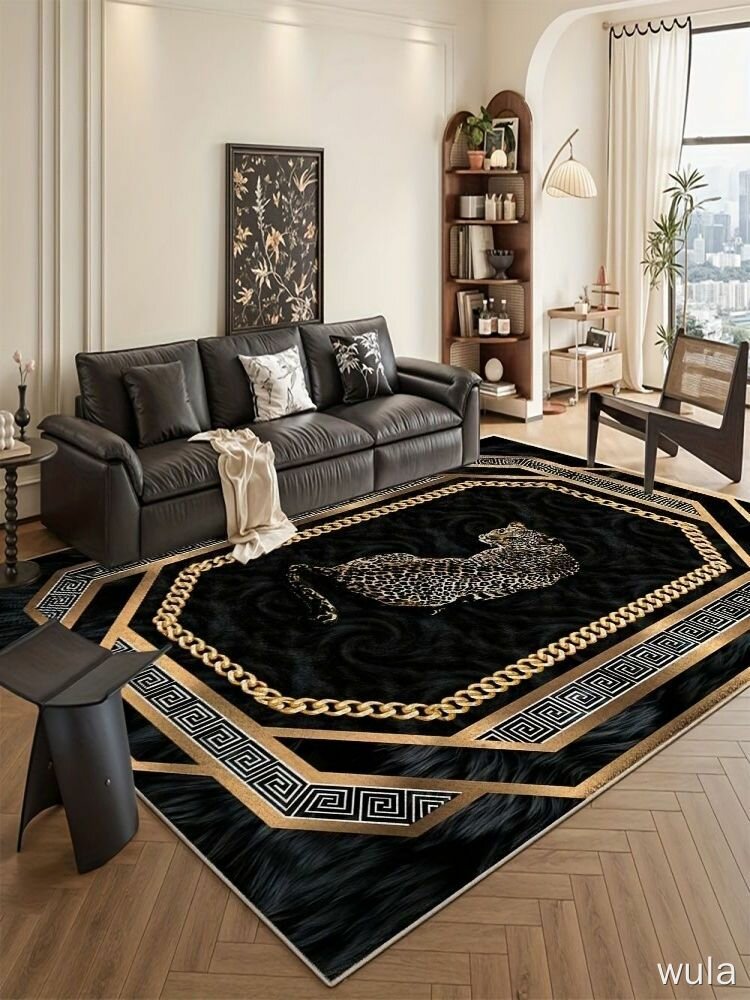 Ковёр 160x230 см дизайнерский леопард с золотыми цепями и геометрией, для гостиной — фото 1