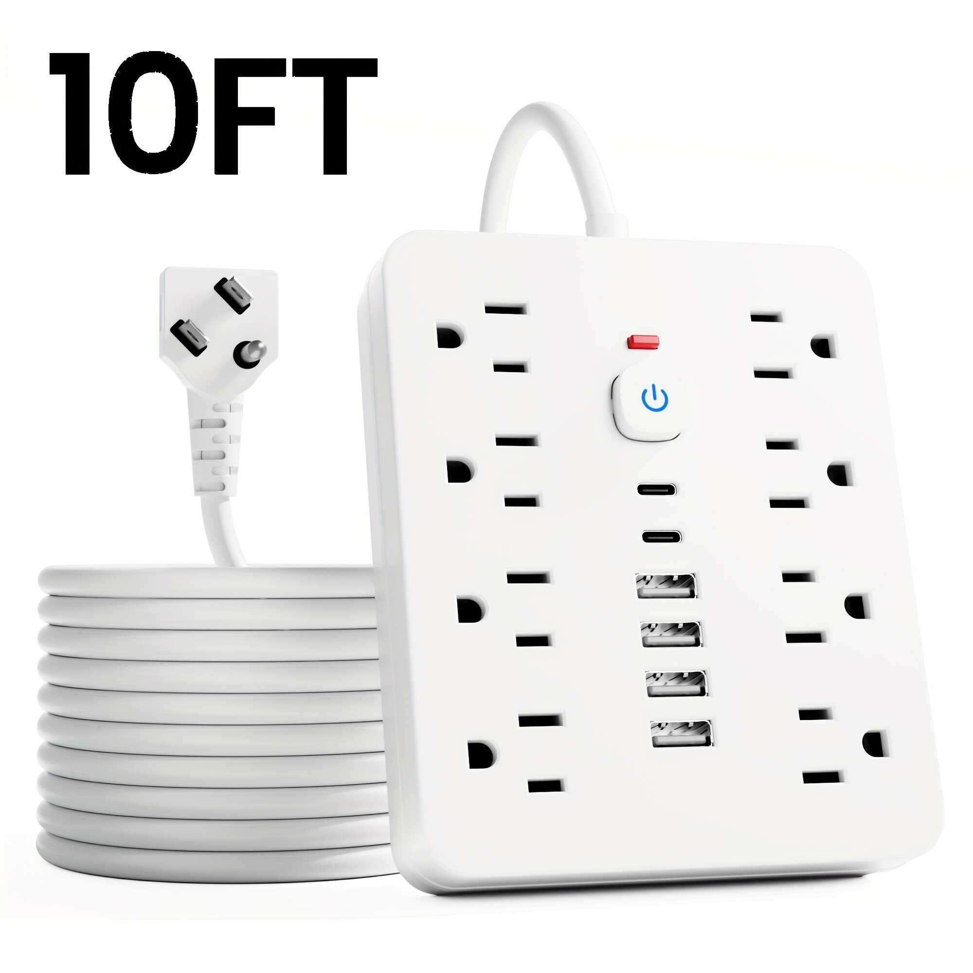 Сетевой фильтр-удлинитель с 8 розетками и 6 USB-портами (2 USB-C), плоская вилка, кнопка включения, защита от перегрузок, белый, длина кабеля 10 футов (3 м)