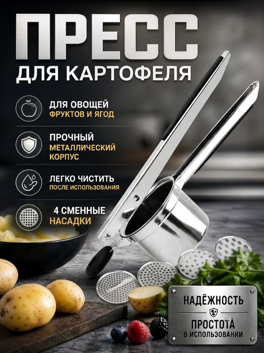 Пресс пюре для картофеля, овощей и ягод. Цвет серый, 4 насадки