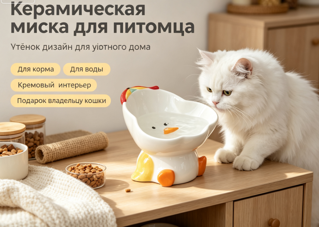 Керамическая наклонная миска для домашних животных в виде мультяшного 3D-животного, с защитой шеи и наклонным ртом.
