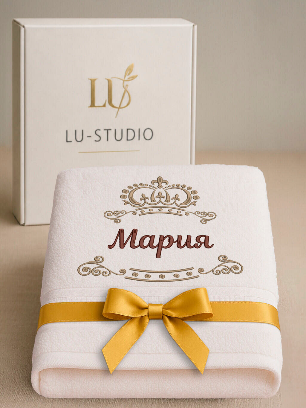 Полотенце Мария 70х140 подарок именная вышивка с короной, LU-Studio, белый, 460 г/м², 100% хлопок