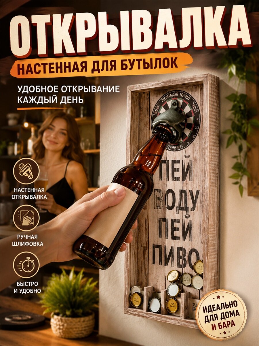 Открывалка настенная деревянная для пивных бутылок с сборником крышек, декоративная панель для домашнего бара и кухни