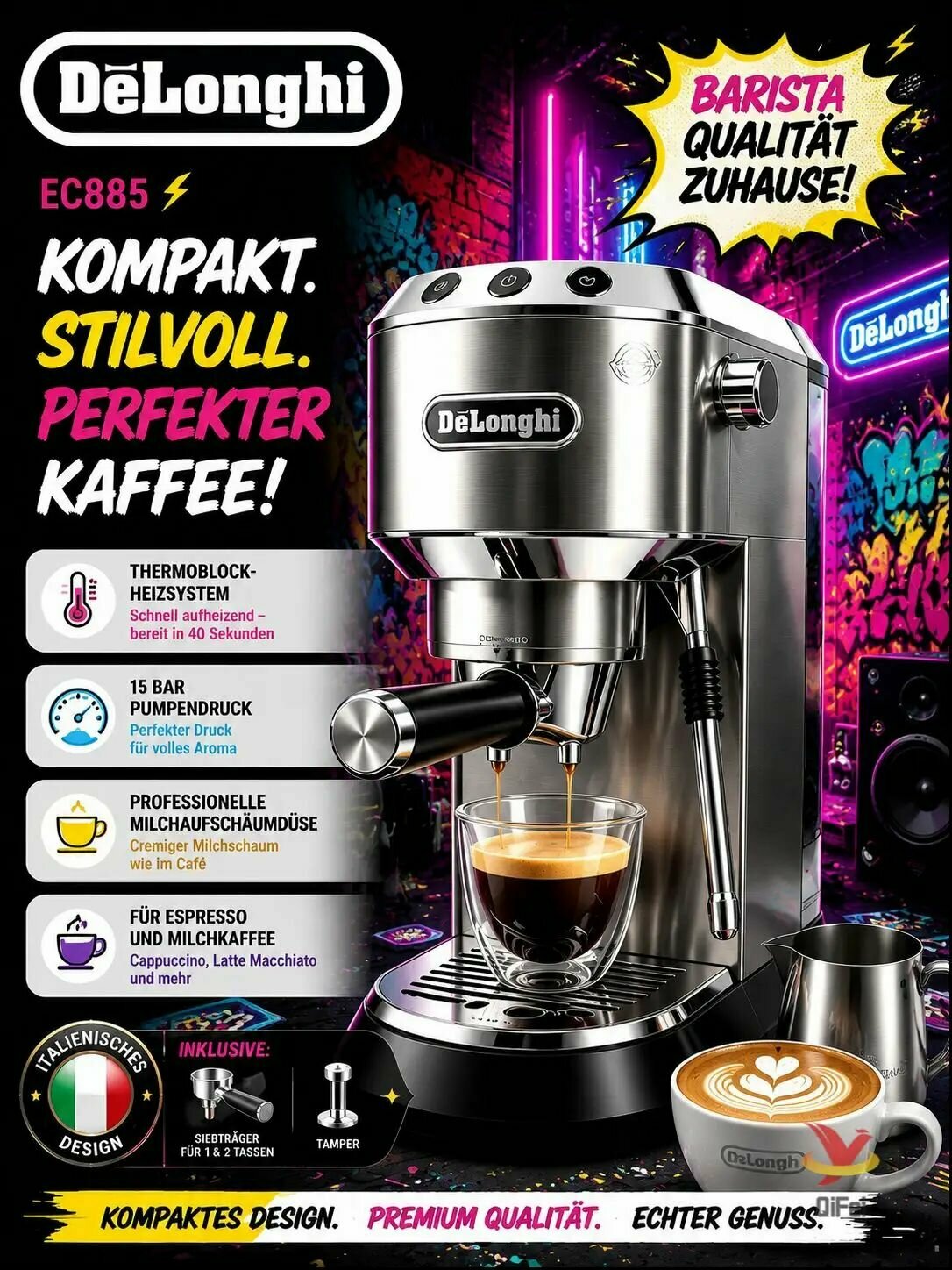 DeLonghi Кофеварка рожковая EC885. M, серебристый-x