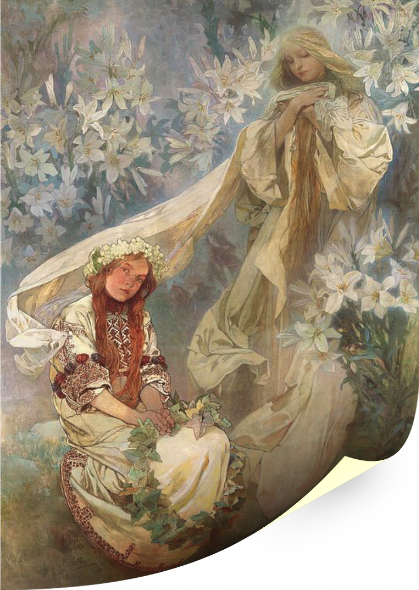 "Мадонна с лилиями", Муха Альфонс, картина для интерьера (репродукция) (30х42 см / без подрамника)