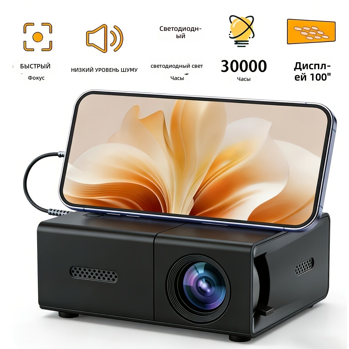 Мини-светодиодный проектор, поддержка 1080P HD, нативное разрешение 240P, проводное зеркалирование экрана, быстрая фокусировка, встроенные динамики, черный