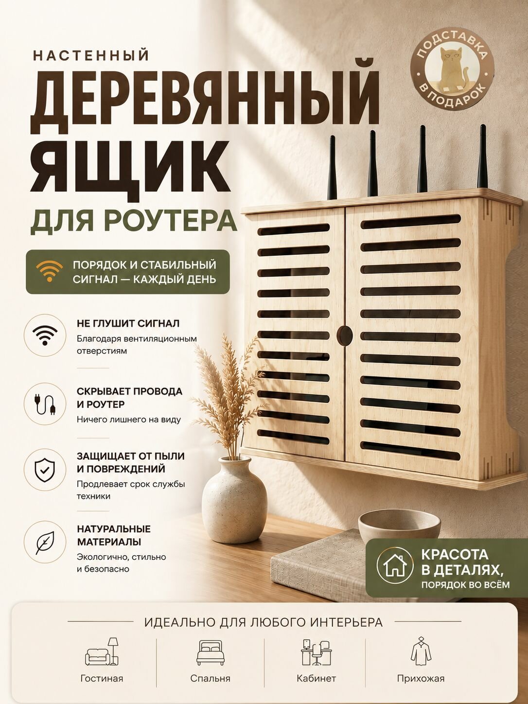 Ящик для роутера Классика, деревянный, с вентиляцией, бежевый