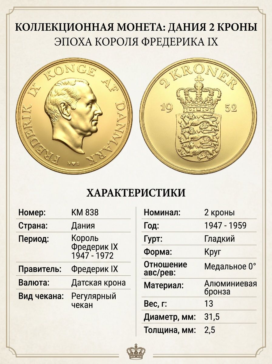Дания 2 кроны, 1952 Король Фредерик IX XF