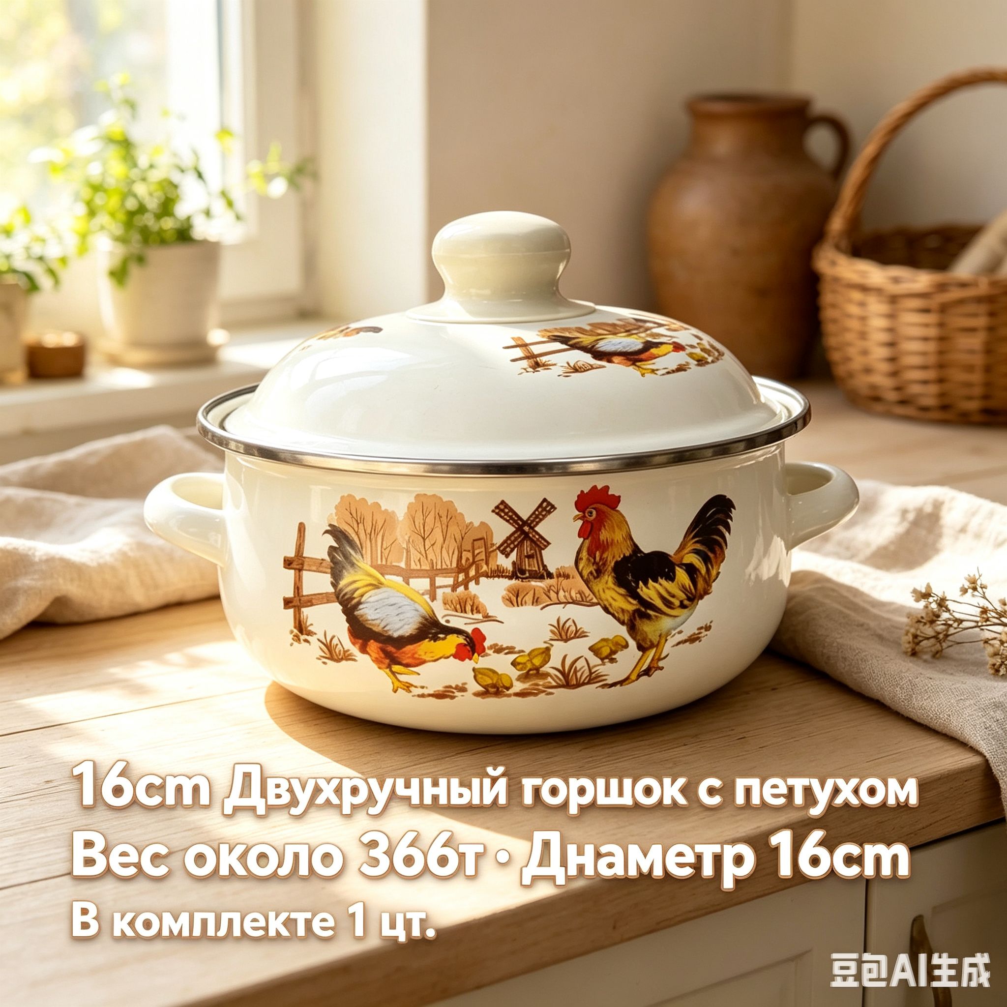 Эмалированная кастрюля 1.1 л с крышкой, диаметр дна 16 см, белый цвет, для газовых плит, деревенский стиль с петухом