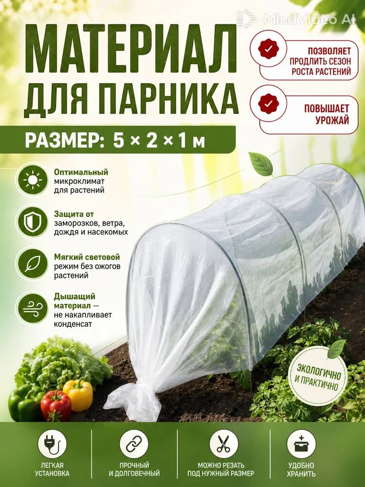 Парник, теплица арочная Ленивый 5х2х1м, Нетканое волокно, Спанбонд