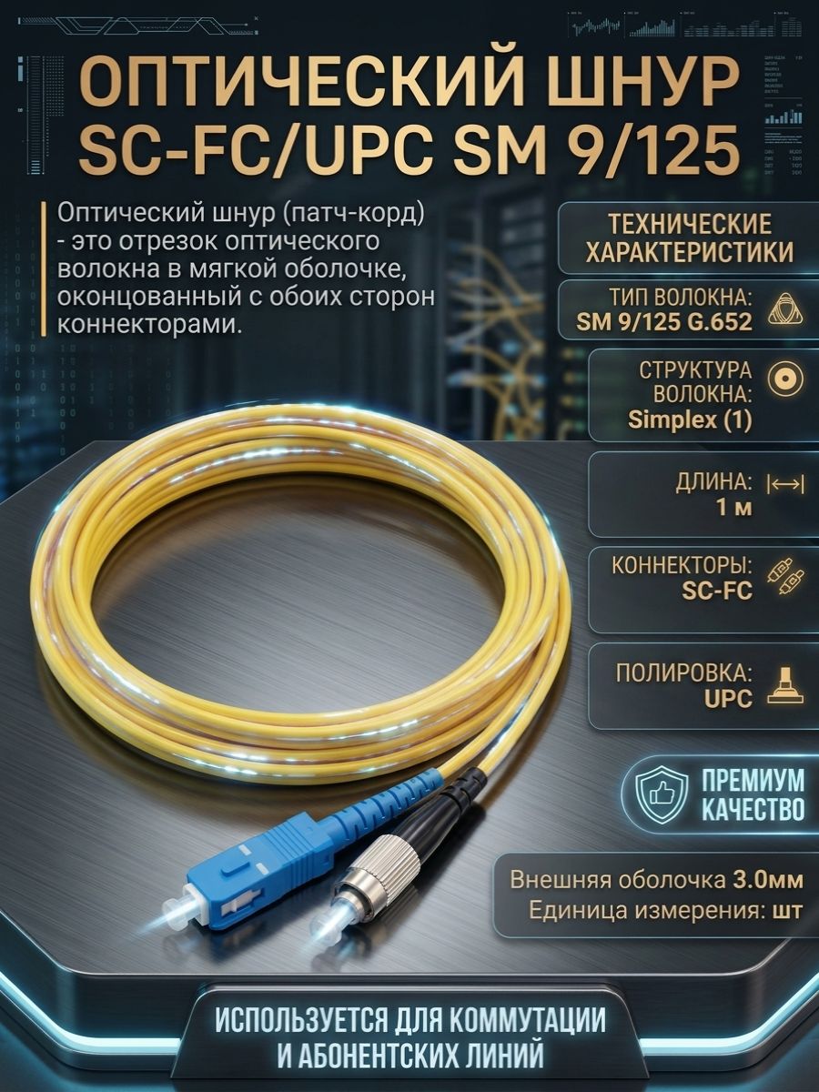 Патч-корд оптический 1м SC(UPC)-FC(UPC) оптический шнур SM 9/125 simplex
