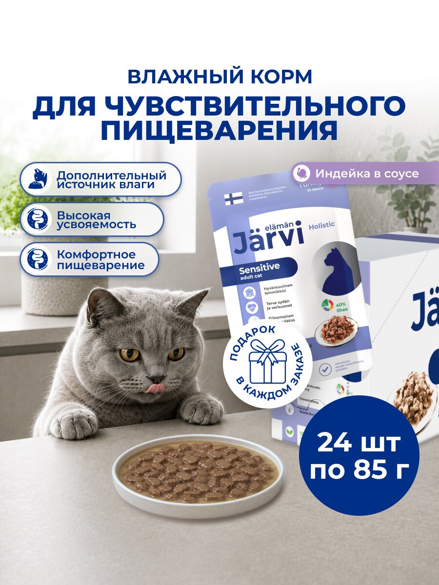 Влажный корм Jarvi для кошек с чувствительным пищеварением с индейкой (кусочки в соусе), 85 г х 24 шт.