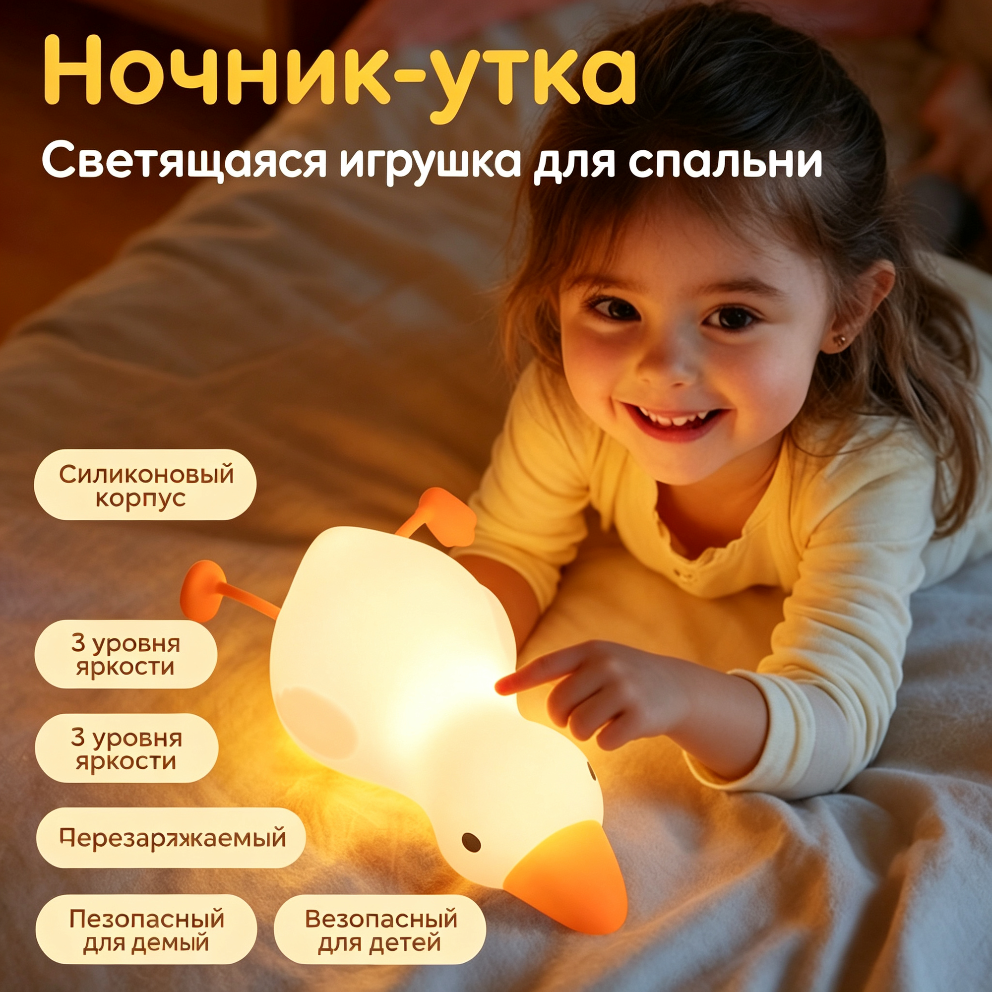 Ночник‑гусь силиконовый для детей, аккумулятор, регулировка яркости, бело‑желтый
