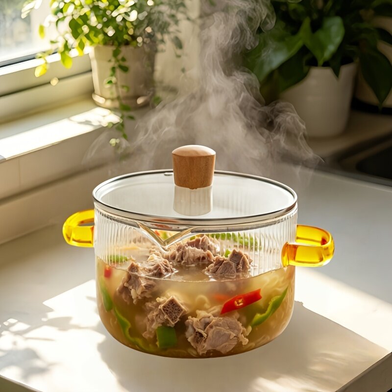 Стеклянная кастрюля с деревянной крышкой и желтой ручкой, термостойкая, для супов и бульонов, малый размер