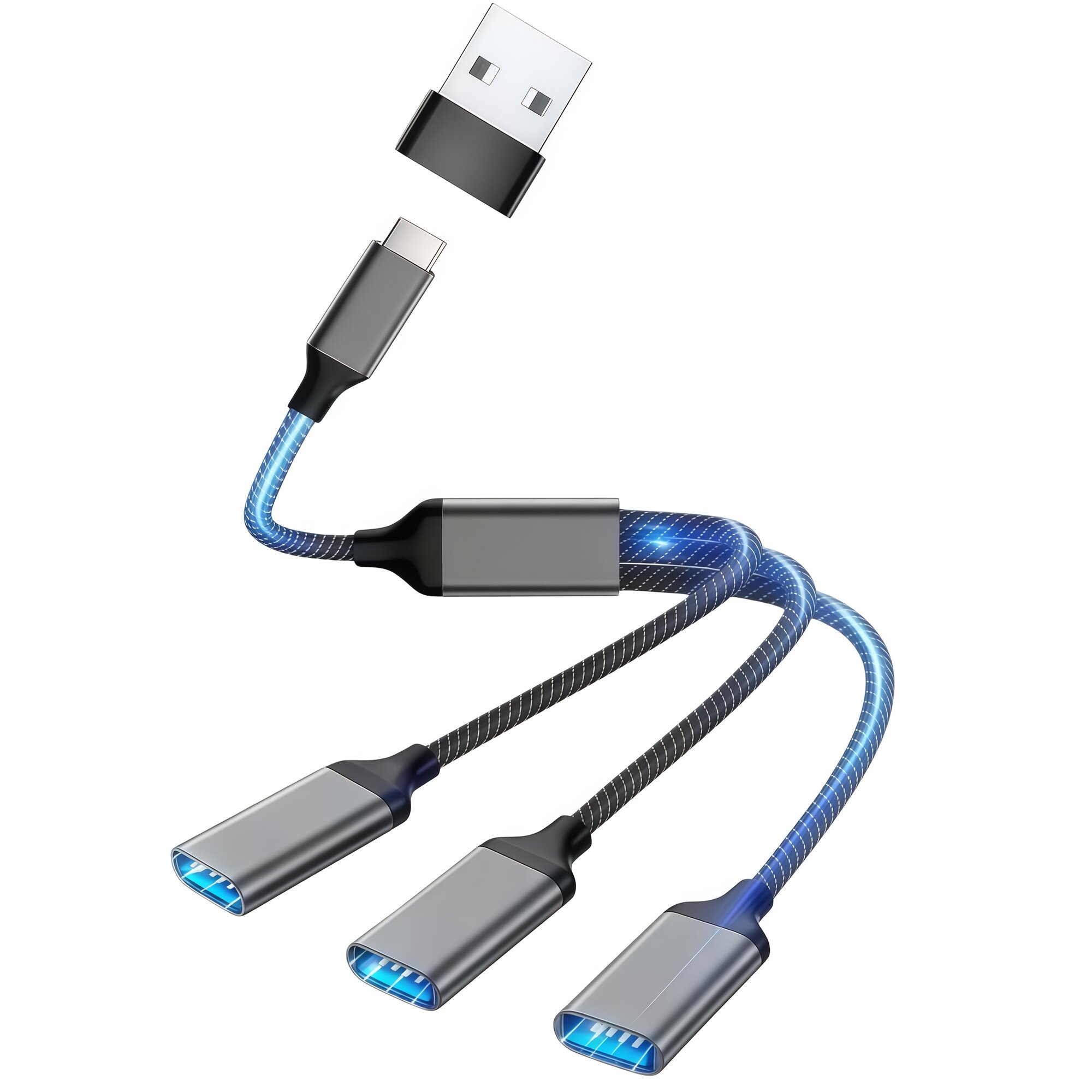 Разветвитель USB Type-C 1 вход 3 выхода, удлинительный кабель с адаптером для передачи данных, серый, 2 шт.