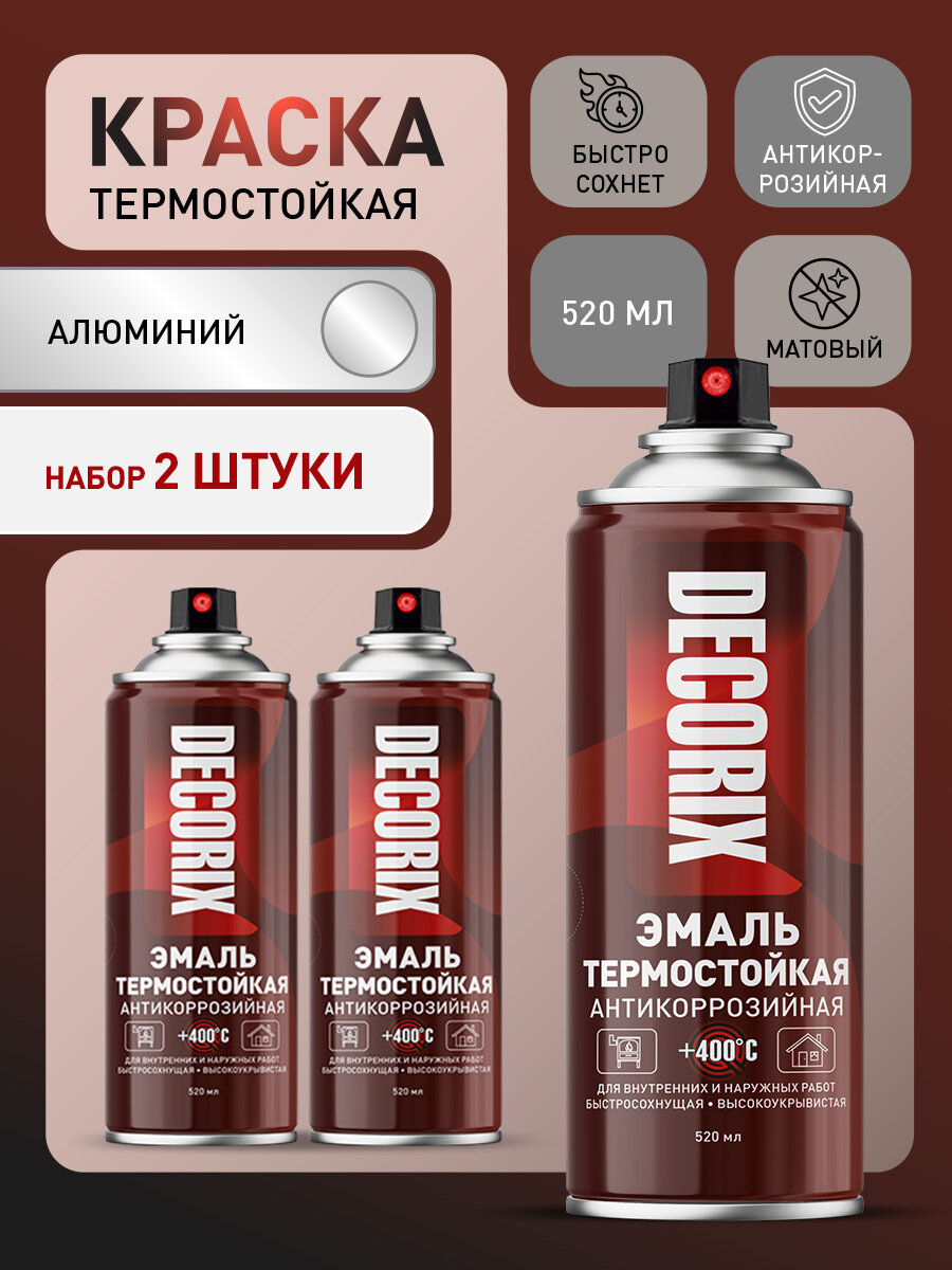 Краска термостойкая алюминиевая аэрозольная Decorix до 400 градусов антикоррозионная для печей каминов мангалов радиаторов и дымоходов, матовое покрытие, в баллончике 520 мл - комплект 2 шт