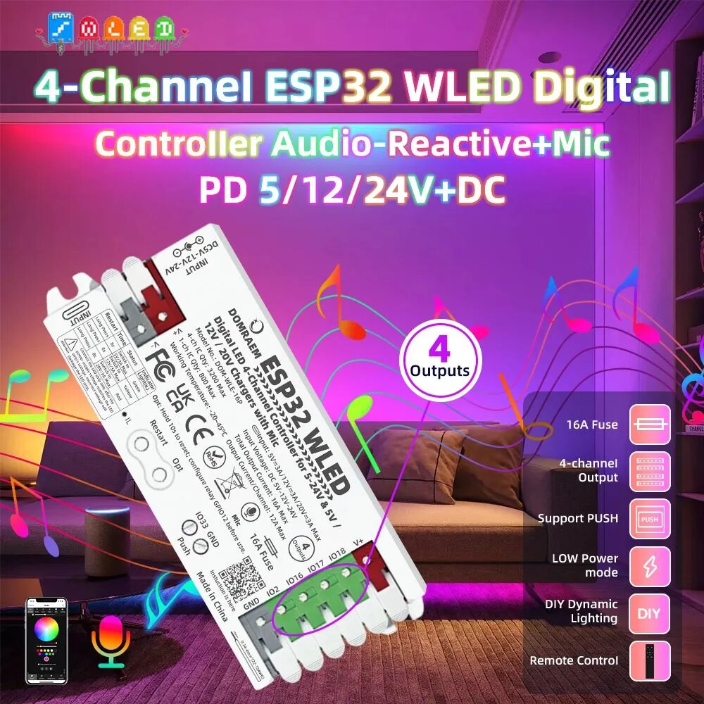 DOMRAEM ESP32 WLED-контроллер со звуковым микрофоном, 4 канала, 16А предохранитель, питание PD 5V/12V/20V и DC 5-24V, для WS281X, SK6812, APA102