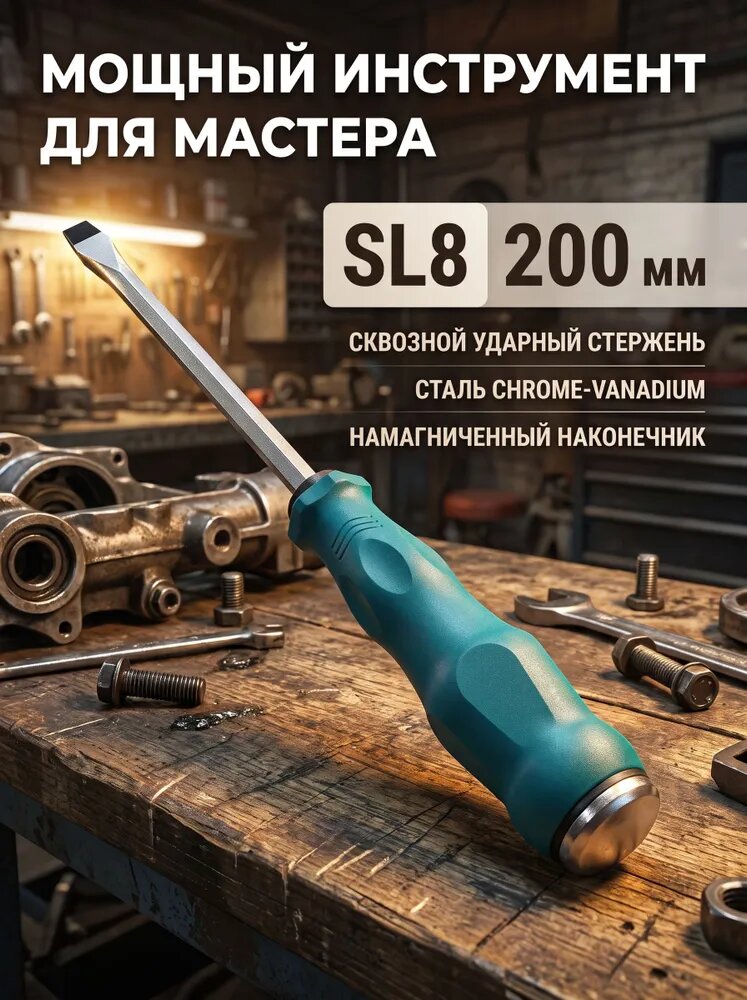 Отвертка плоская SL8x200 мм ударная из стали Cr-V надежный ручной инструмент для слесарных работ