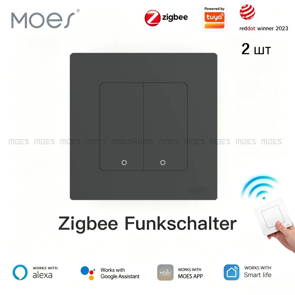 Интеллектуальный беспроводной выключатель MOES ZT-SR-EU2 Zigbee для дома дистанционное управление, ультратонкая панель,2 шт