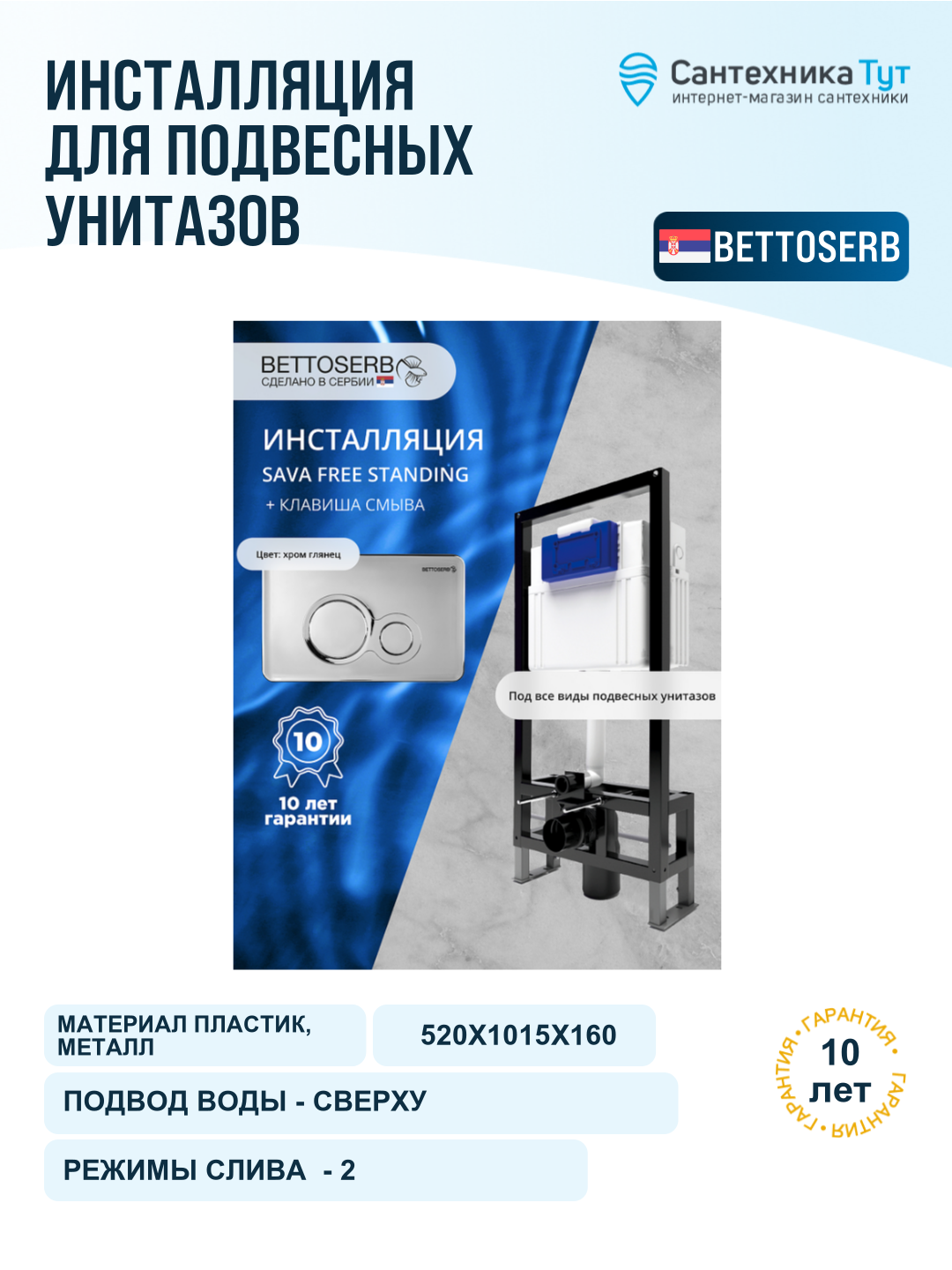 Инсталляция Bettoserb Sava Free Standing SFS40006464 для унитаза с клавишей смыва Хром глянец