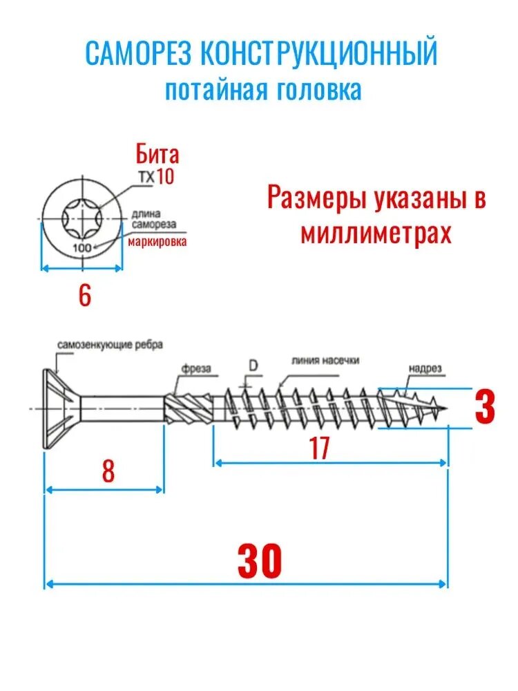 Саморезы по дереву TORX 3х30мм, 400 шт. + бита, углеродистая сталь, оцинкованный — фото 1