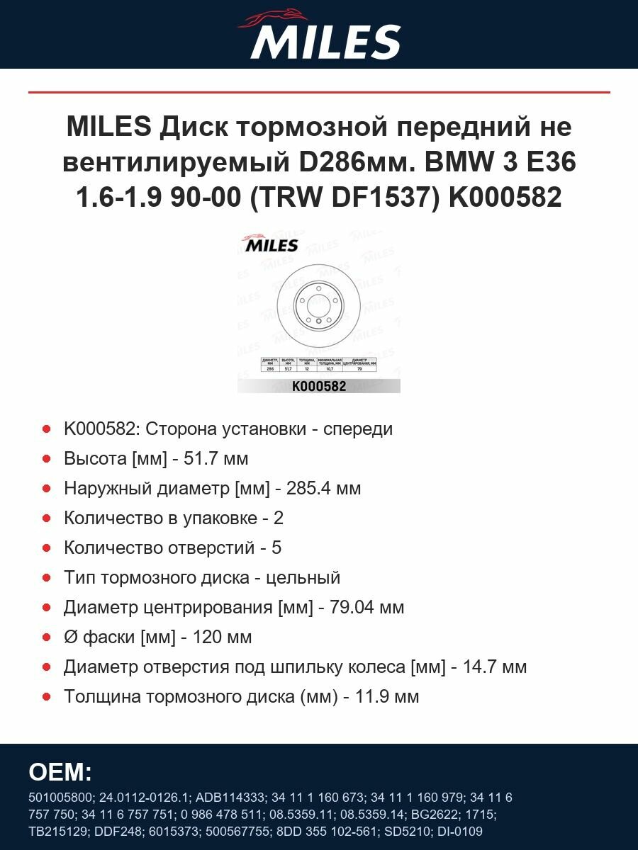 MILES Диск тормозной передний не вентилируемый D286мм. BMW 3 E36 1.6-1.9 90-00 (TRW DF1537) K000582